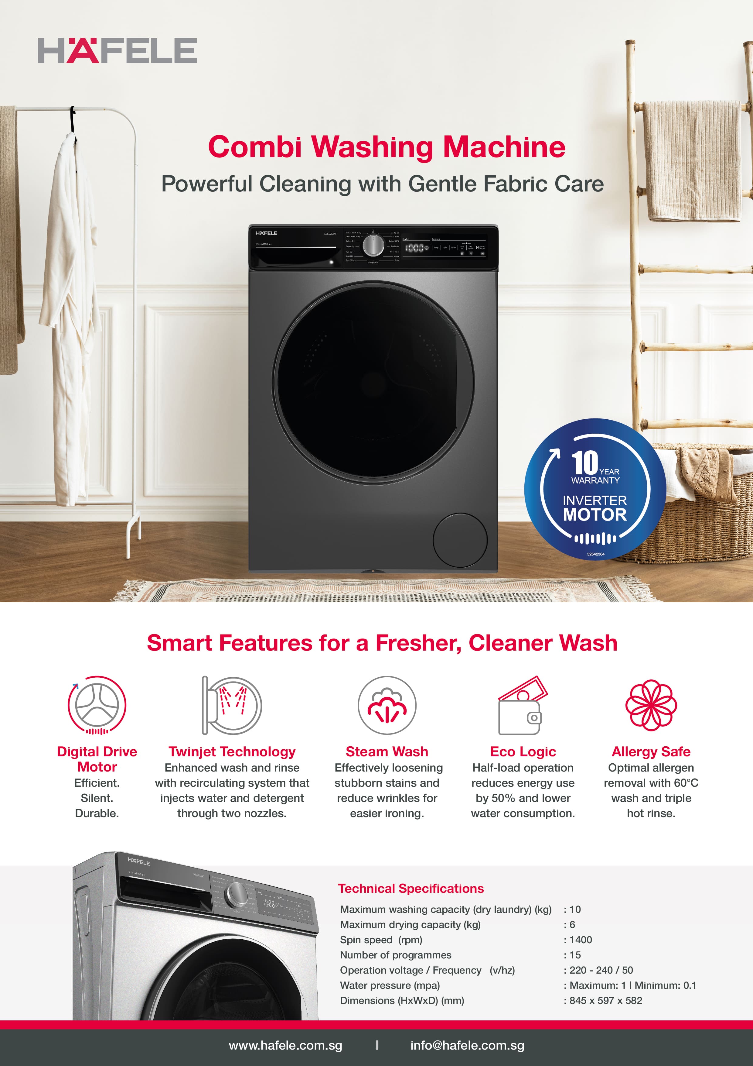 Hafele 10kg/6kg Front load Washer Dryer | 4 Tick Efficiency | Steam ...