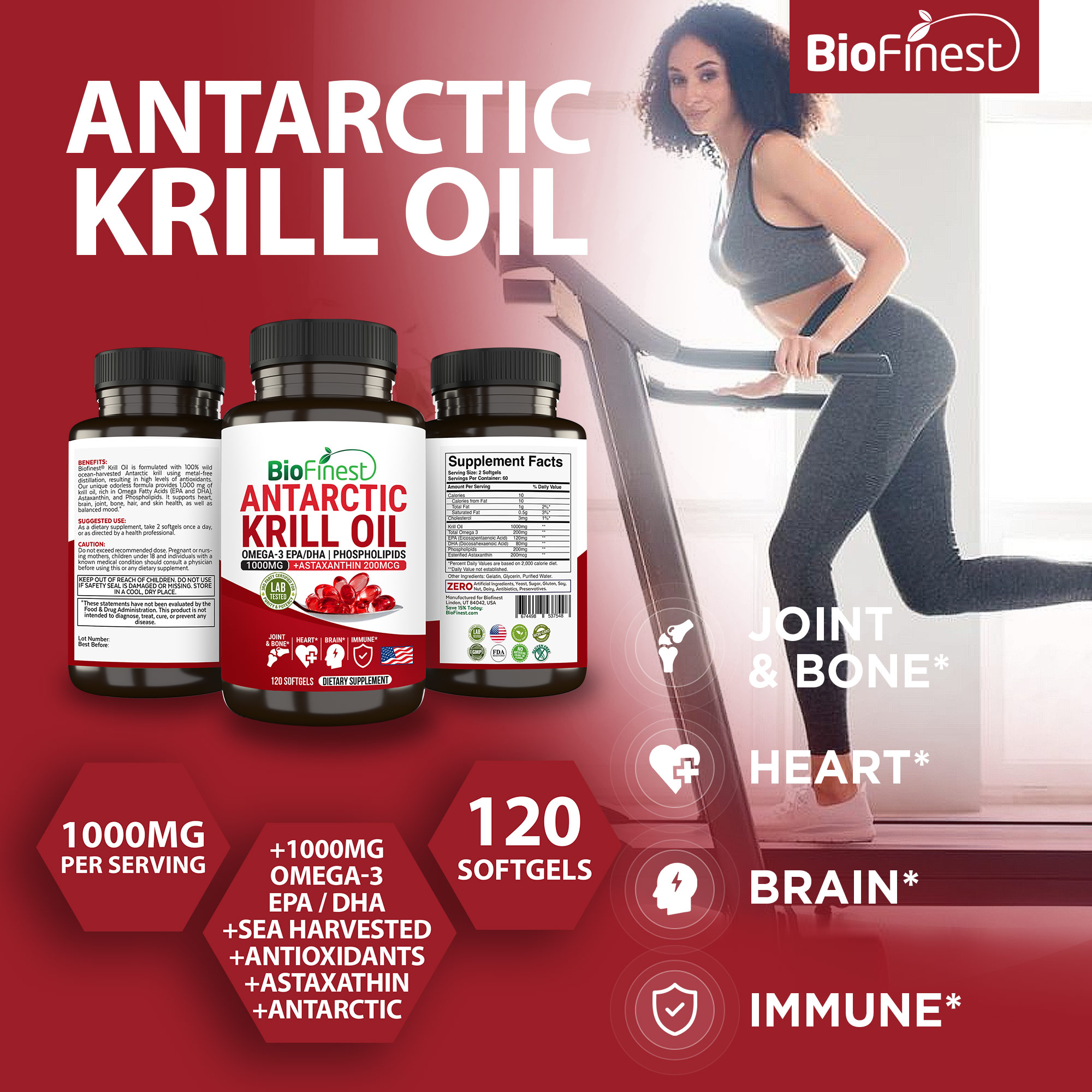 Biofinest Antarctic Krill Oil 1000mg Supplement - 12x EPA DHA Omega 3 ...