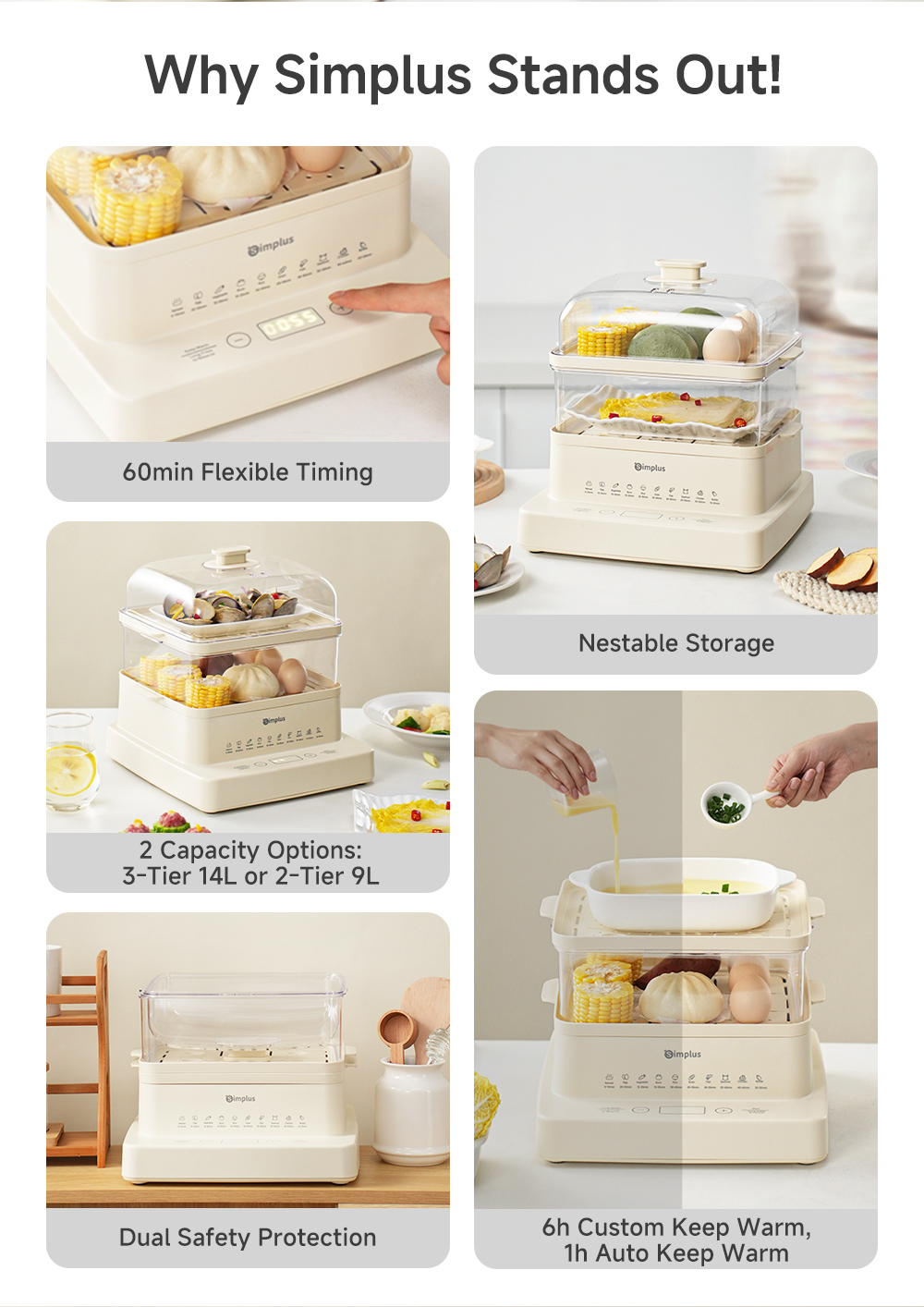 Simplus Electric Food Steamer丨3-Tier 14L Capacity丨1200W Power丨24hrs ...