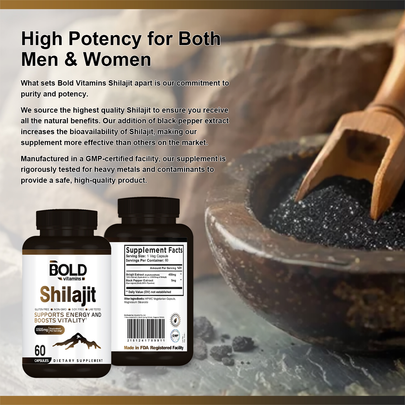 Bold Vitamins Shilajit Extract Supplement (60 Caps) 450mg/13500mg High ...