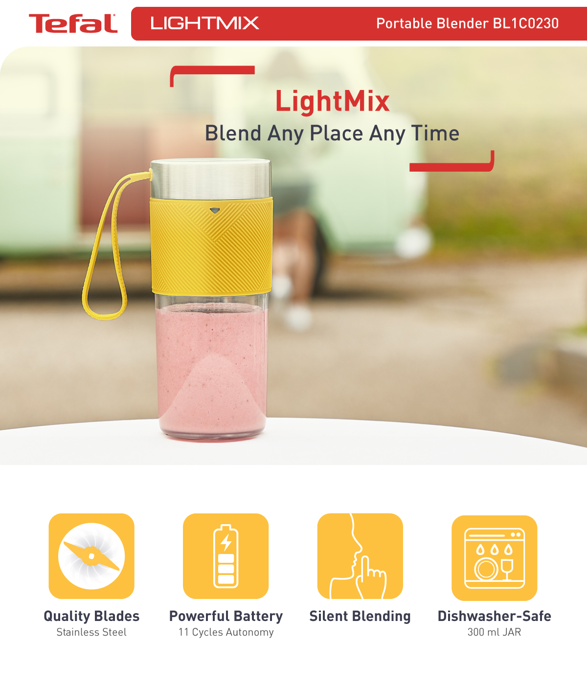 Tefal LightMix on the Go Personal Blender BL1C0230, Powerful Blade, 50W, 300ml Tritan Jar, BPA ...