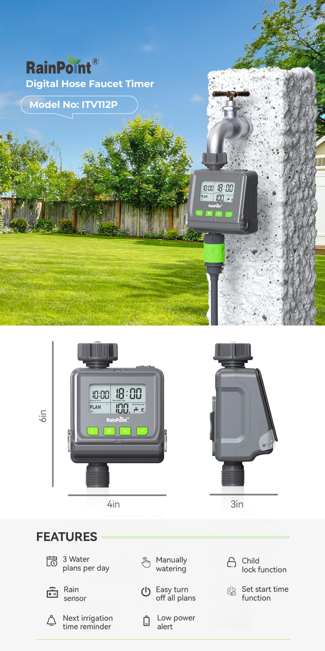 RainPoint Digital Hose Faucet Timer [ Rain Sensor, Programmable, Auto ...