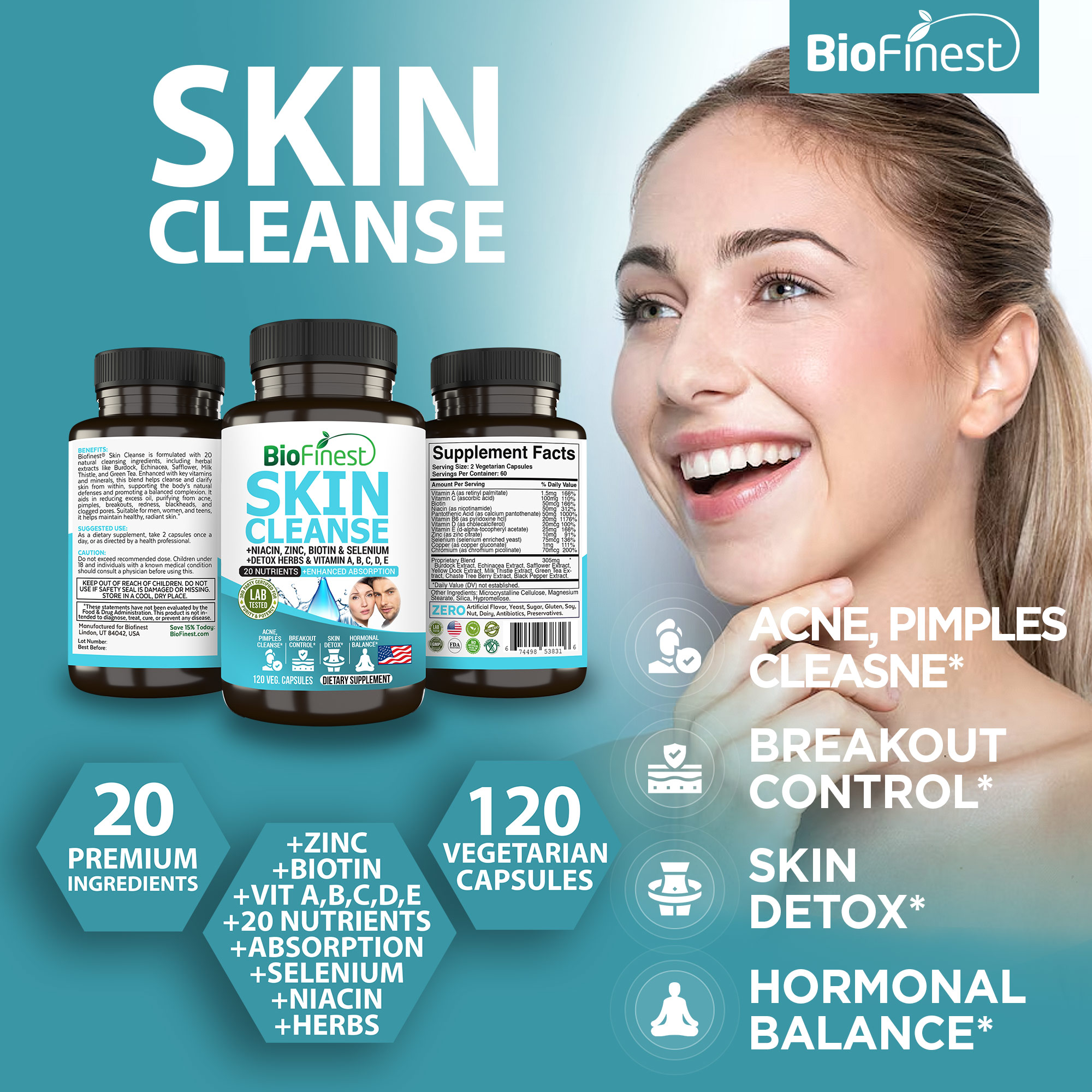 Biofinest Acne Skin Cleanse Supplement - Niacin Biotin Vitamin - Scar ...