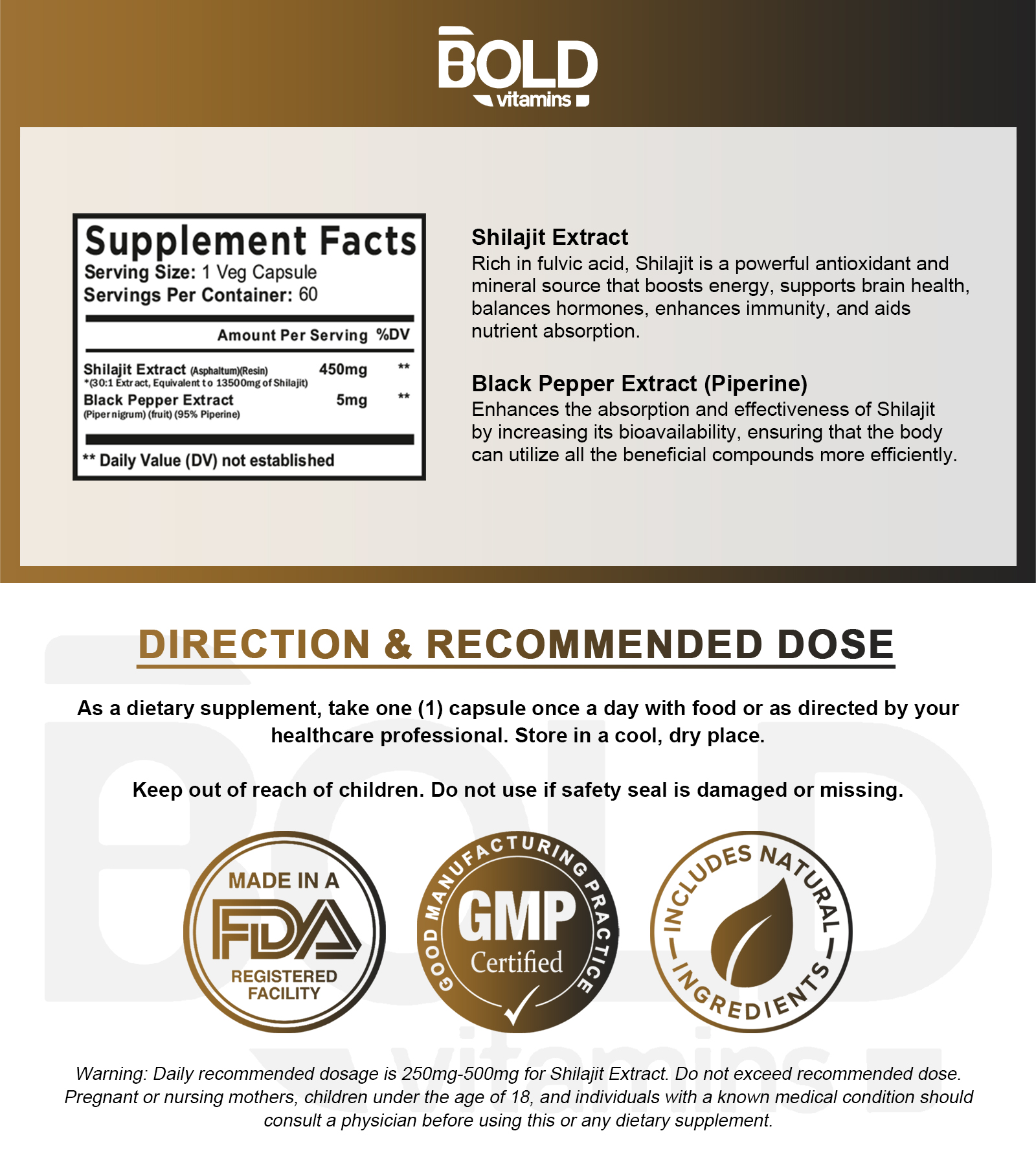 Bold Vitamins Shilajit Extract Supplement (60 Caps) 450mg/13500mg High ...