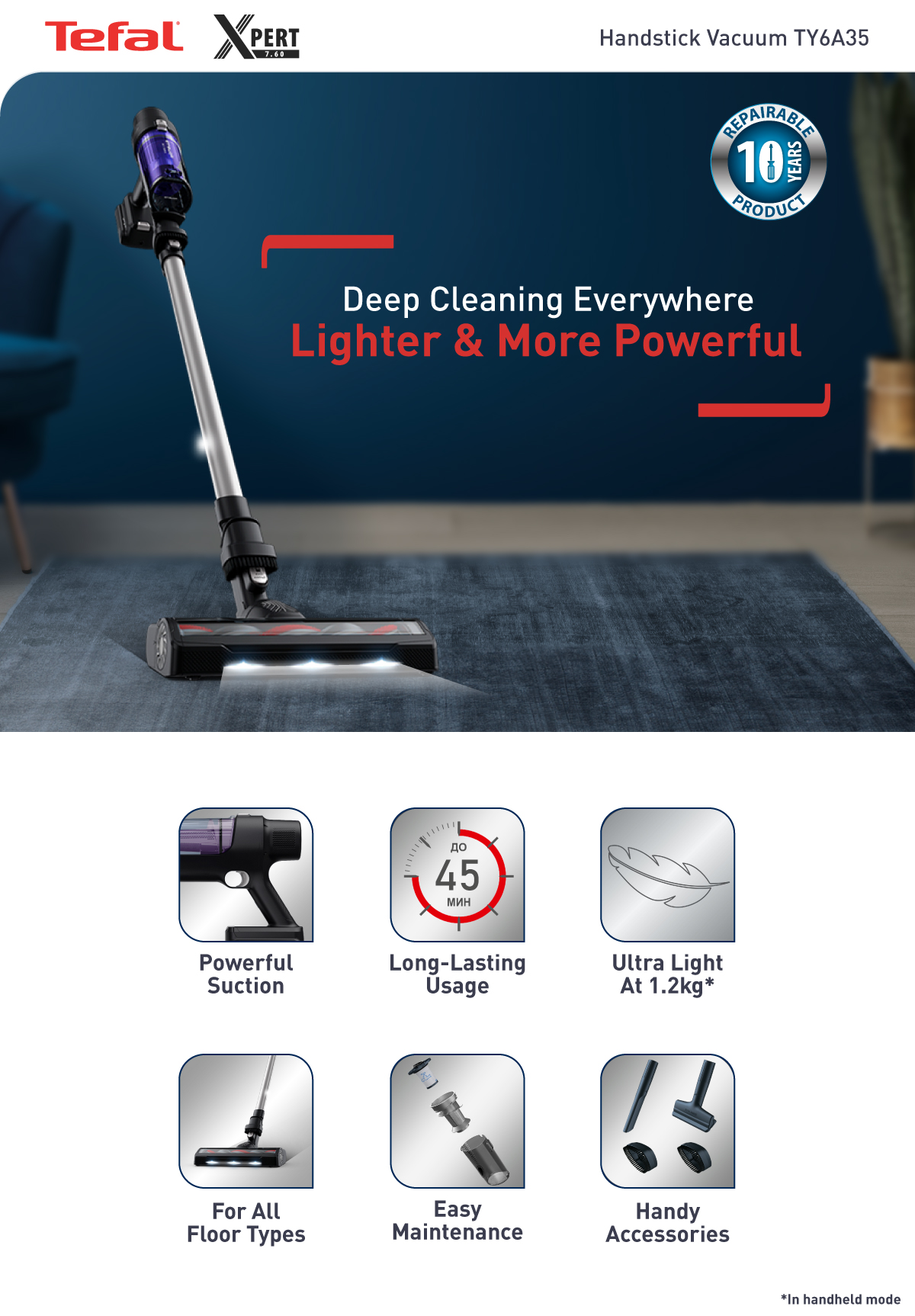Tefal X-pert 7.60 Handstick Vacuum TY6A35 - 45min run time, ultra-slim ...