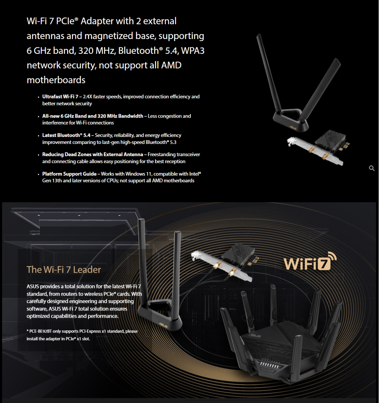 ASUS PCE-BE92BT AX3000 Dual Band WiFi 7 PCIe Adapter with 2 External ...