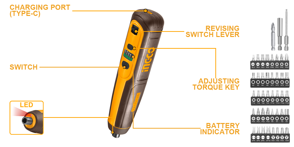 INGCO 43PCS 4V 5N.m Lithium-Ion Cordless Electric Screwdriver Portable ...