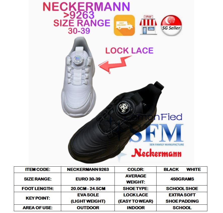 Neckermann 9263 Size 30 - 39 Lock Lace School Shoes Black White Sports ...