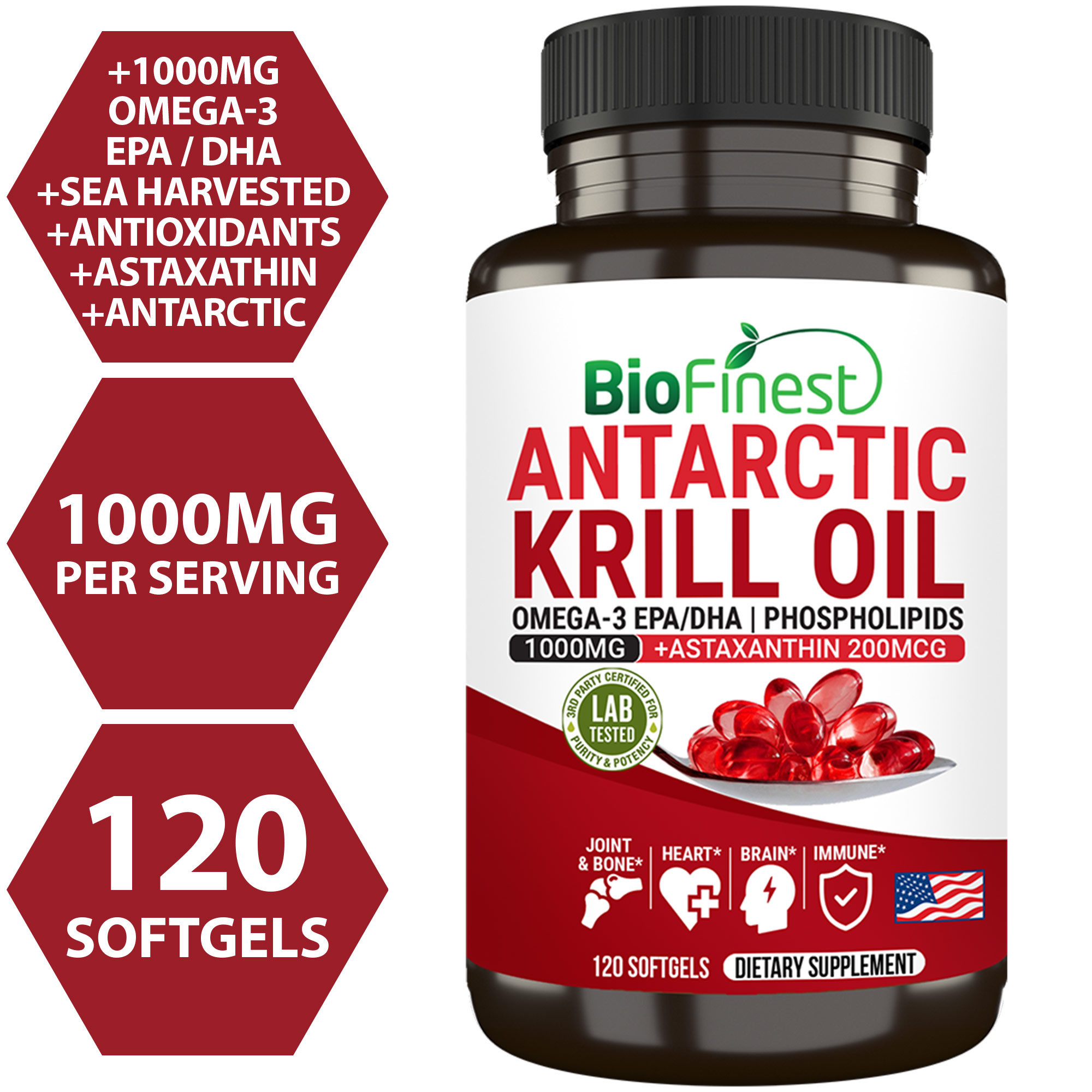 Biofinest Antarctic Krill Oil 1000mg Supplement - 12x EPA DHA Omega 3 ...
