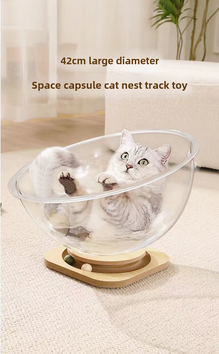 【SG🚚】Cat Space Capsule Acrylic Cat Nest Solid Wood Turntable Toy Funny ...