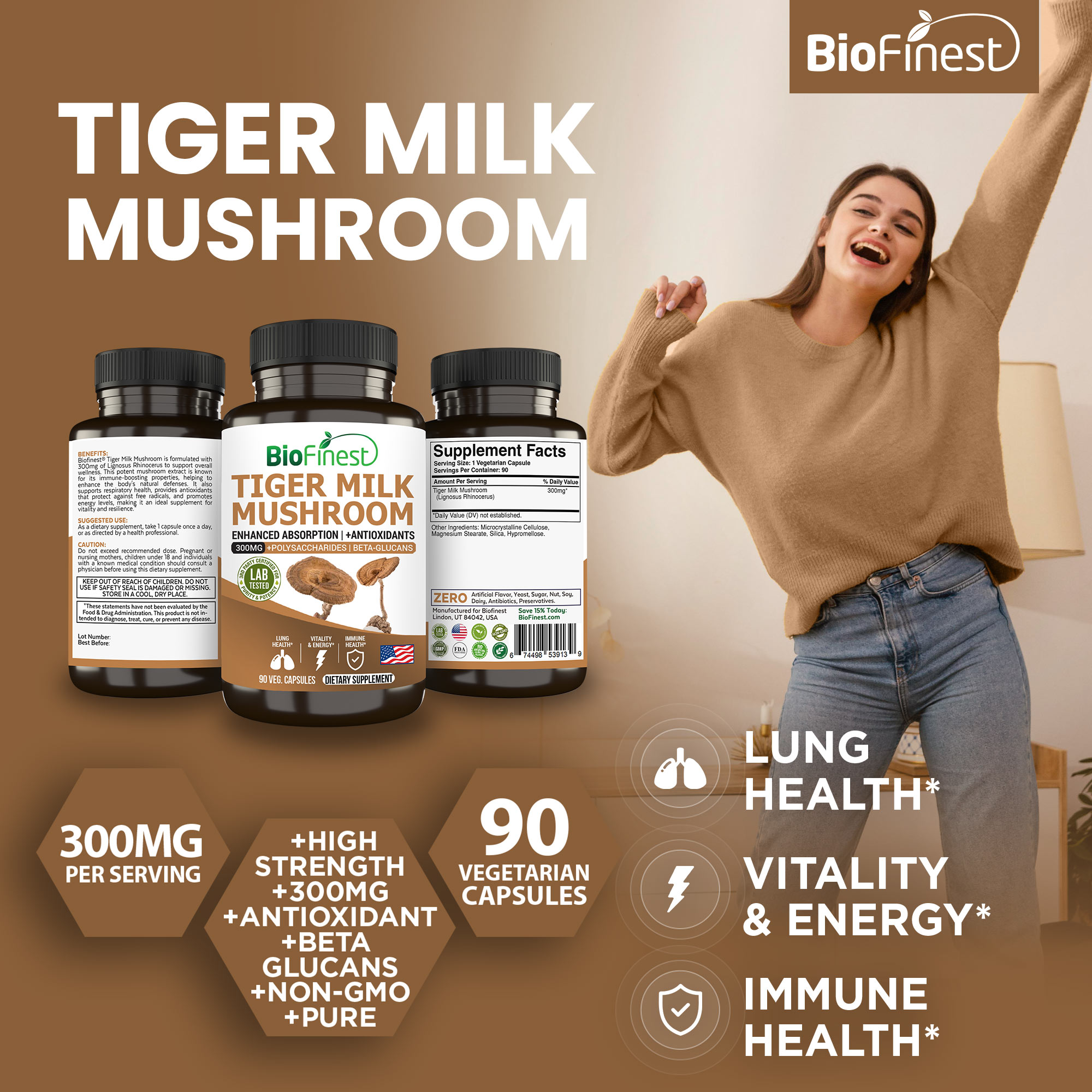 Biofinest Tiger Milk Mushroom Supplement - 300mg Respiratory Lung ...