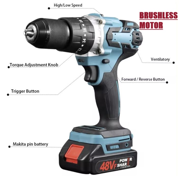 48v Brushless Motor Wall Impact Drill Cordless Drill Electric Drill ...
