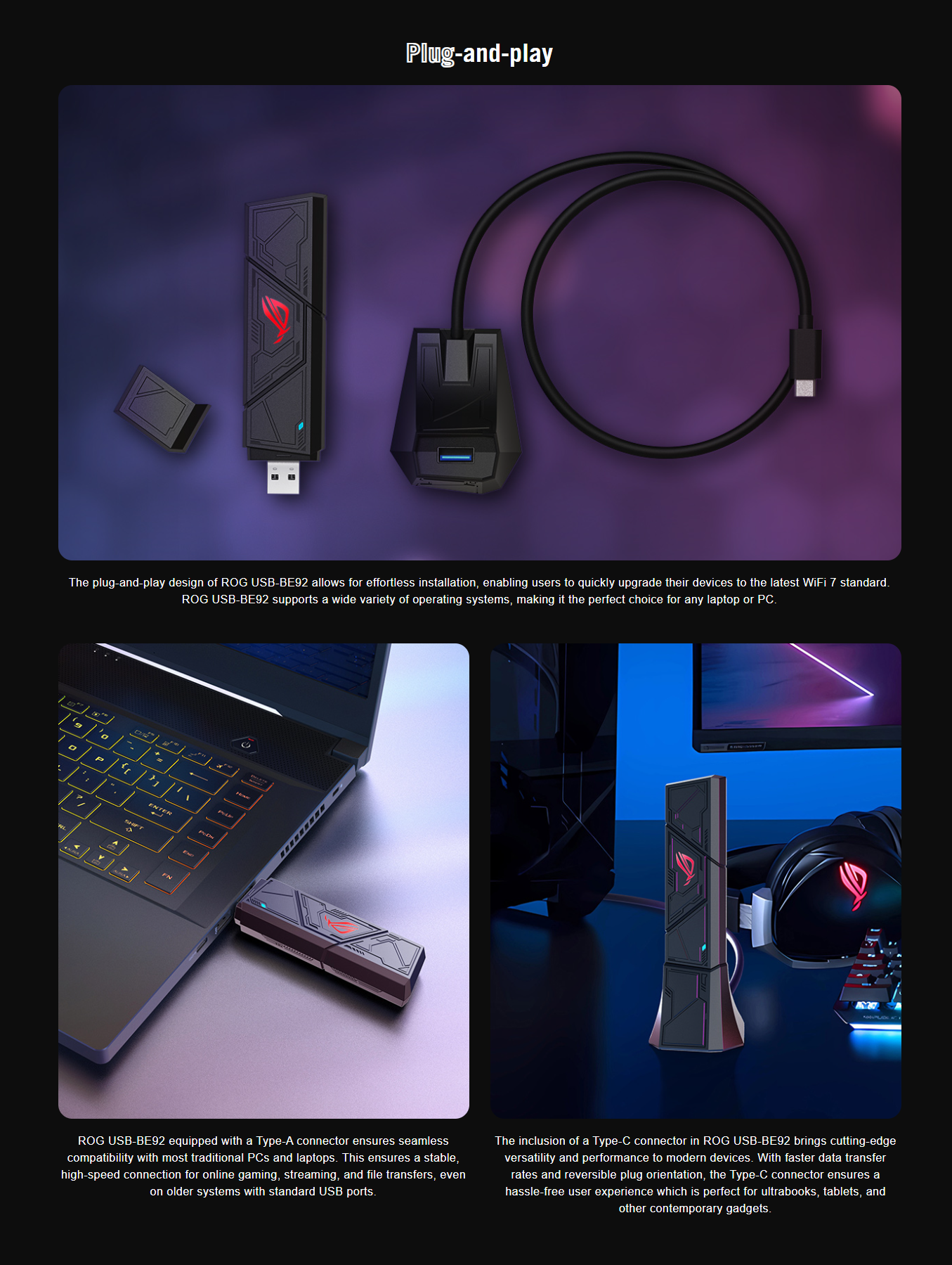 ROG USB-BE92 | BE6500 Tri-band WiFi 7 USB adapter, 6GHz band, support ...