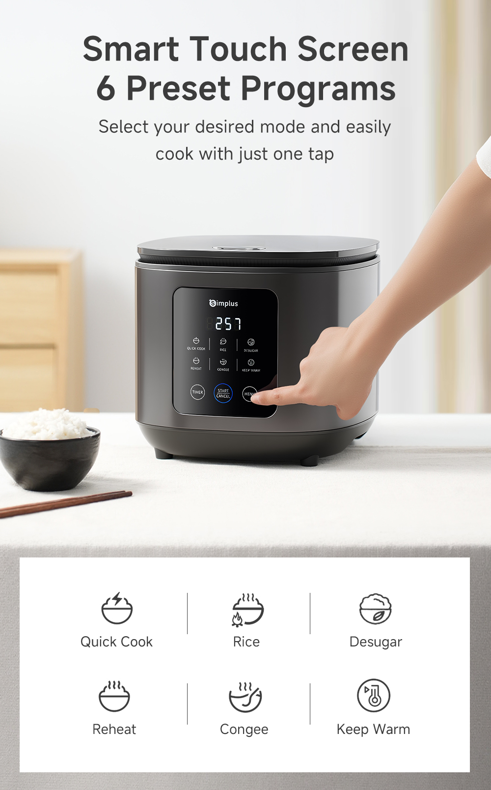 Simplus 2.4L Rice Cooker | Low Sugar Low Carbon | 6 Preset Programs ...
