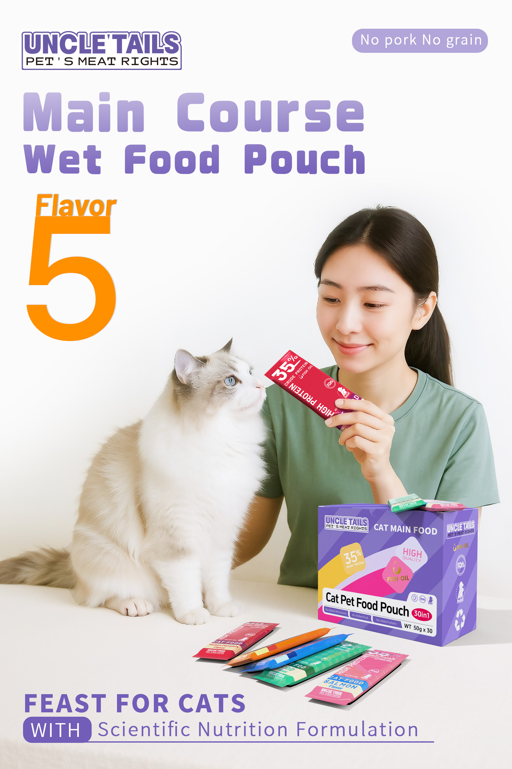 UNCLE TAIL Cat Food Wet Food 35% High Protein, 50g Beef Chicken Tuna ...