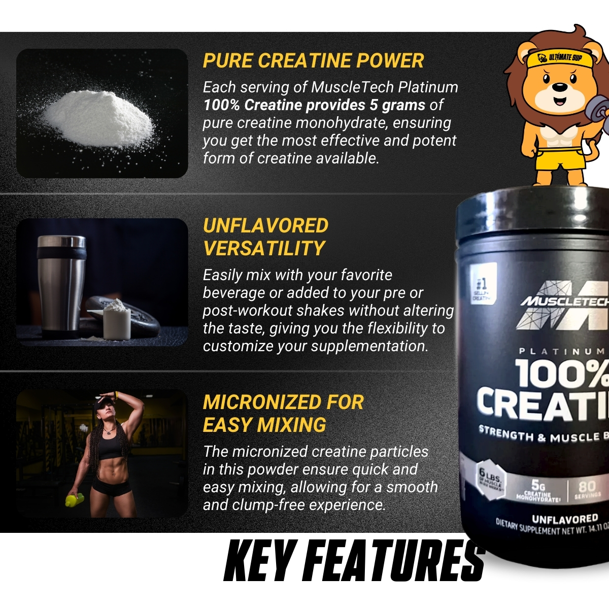Muscletech, Platinum 100% Creatine, Essential Series, Strength & Muscle ...