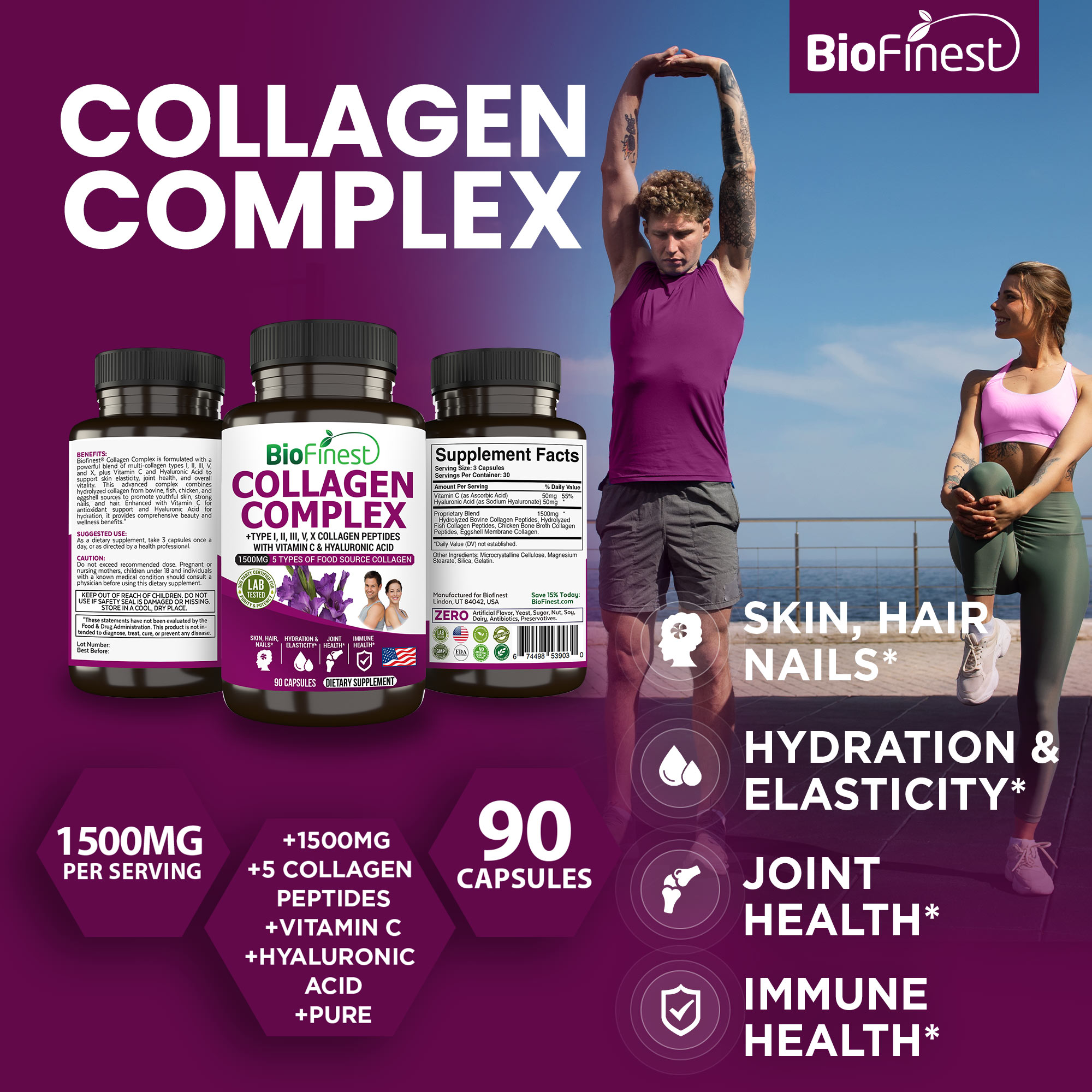 Biofinest Collagen Complex Supplement 1500mg Type 1 2 3 5 10 Hydrolyzed ...