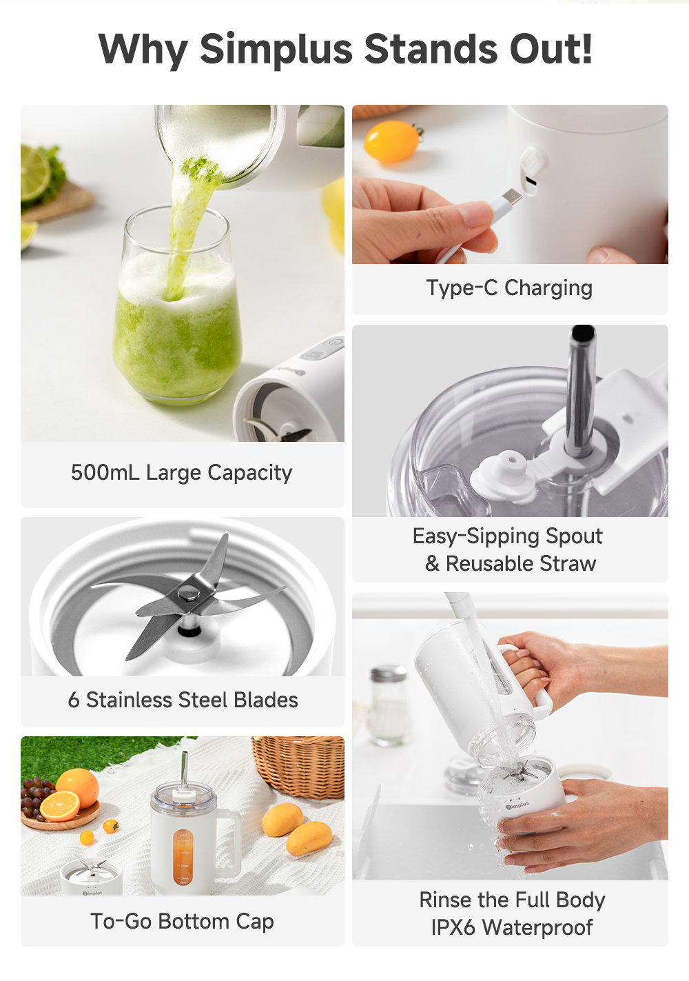 Simplus Portable Blender Wireless Juicer Cup To-Go Travel Mug丨500mL ...