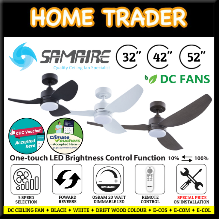 SAMAIRE DC CEILING FAN 20W OSRAM DIMMABLE TRI TONE LED LIGHT 32" 42" 52 ...