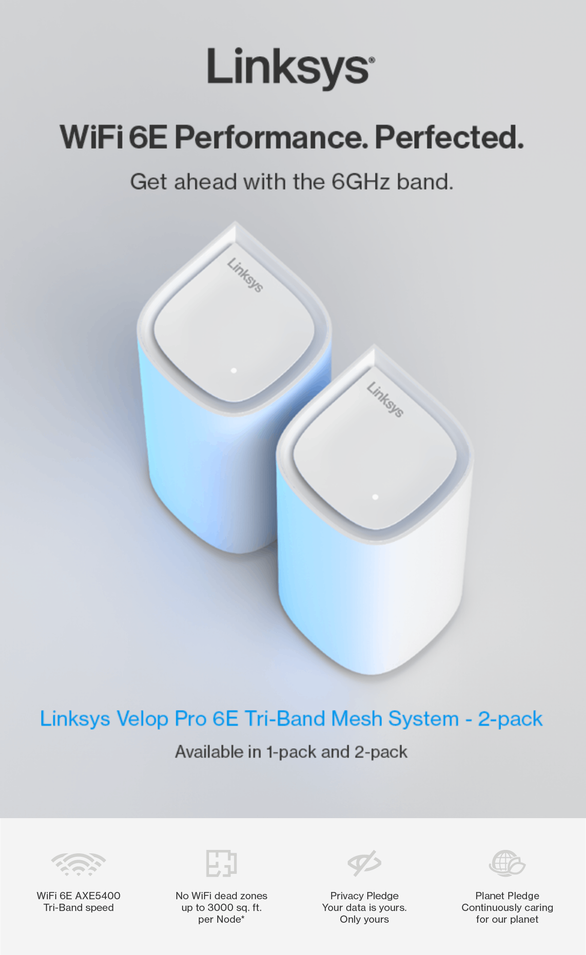 Linksys Velop Pro 6E AXE5400 Tri-Band Mesh WiFi 6E System ( MX6202-AH, 2 Pack ), Wi-Fi 6E Mesh ...