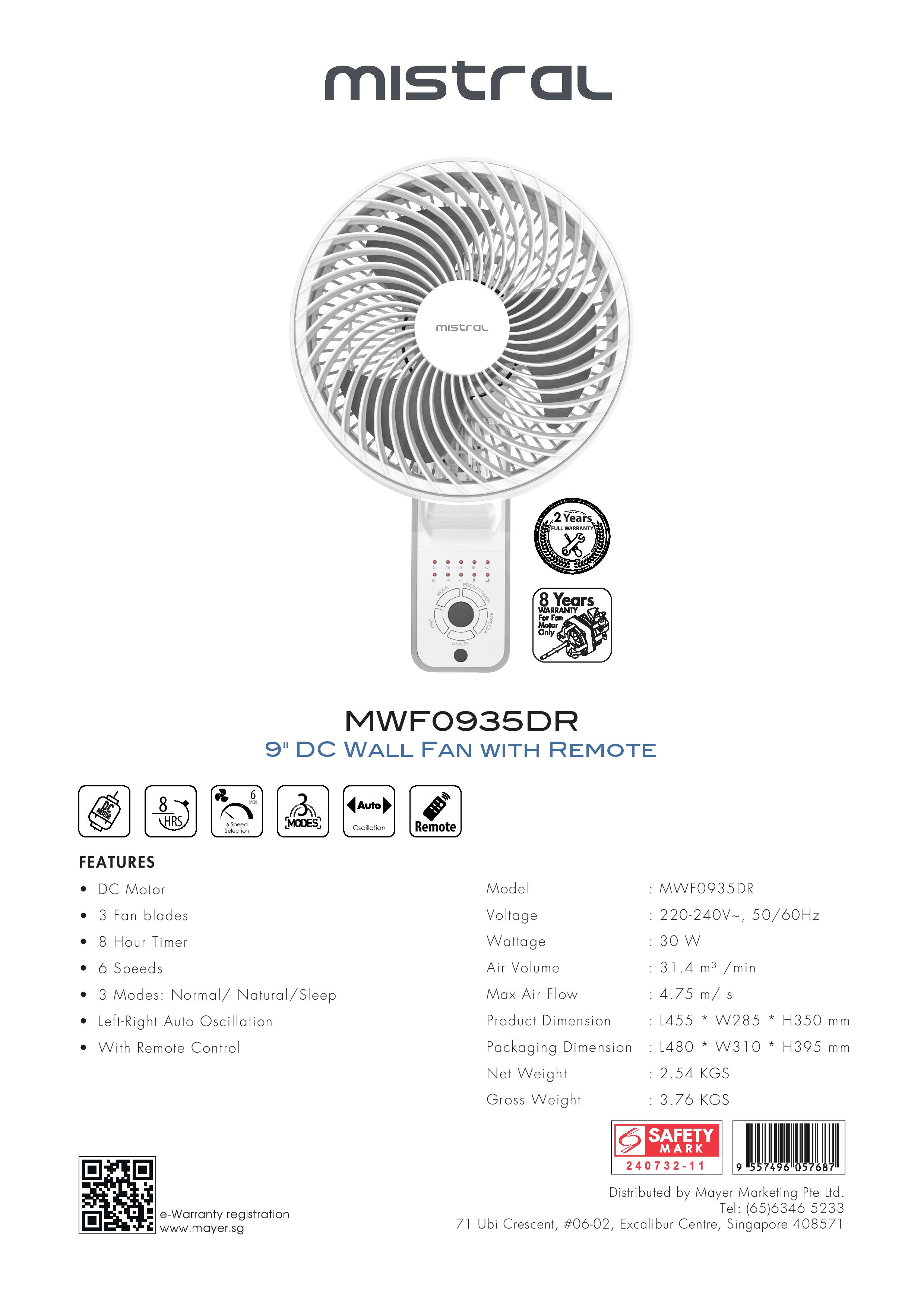 Mistral MWF0935DR Remote DC Wall Fan 9 Inch | Shopee Singapore