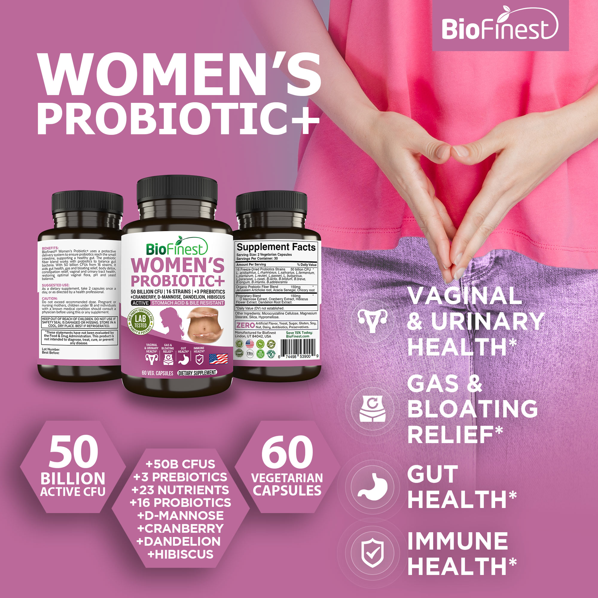 Biofinest Probiotic 50 Billion CFU Enzyme Supplement 12 + 3 Prebiotics ...