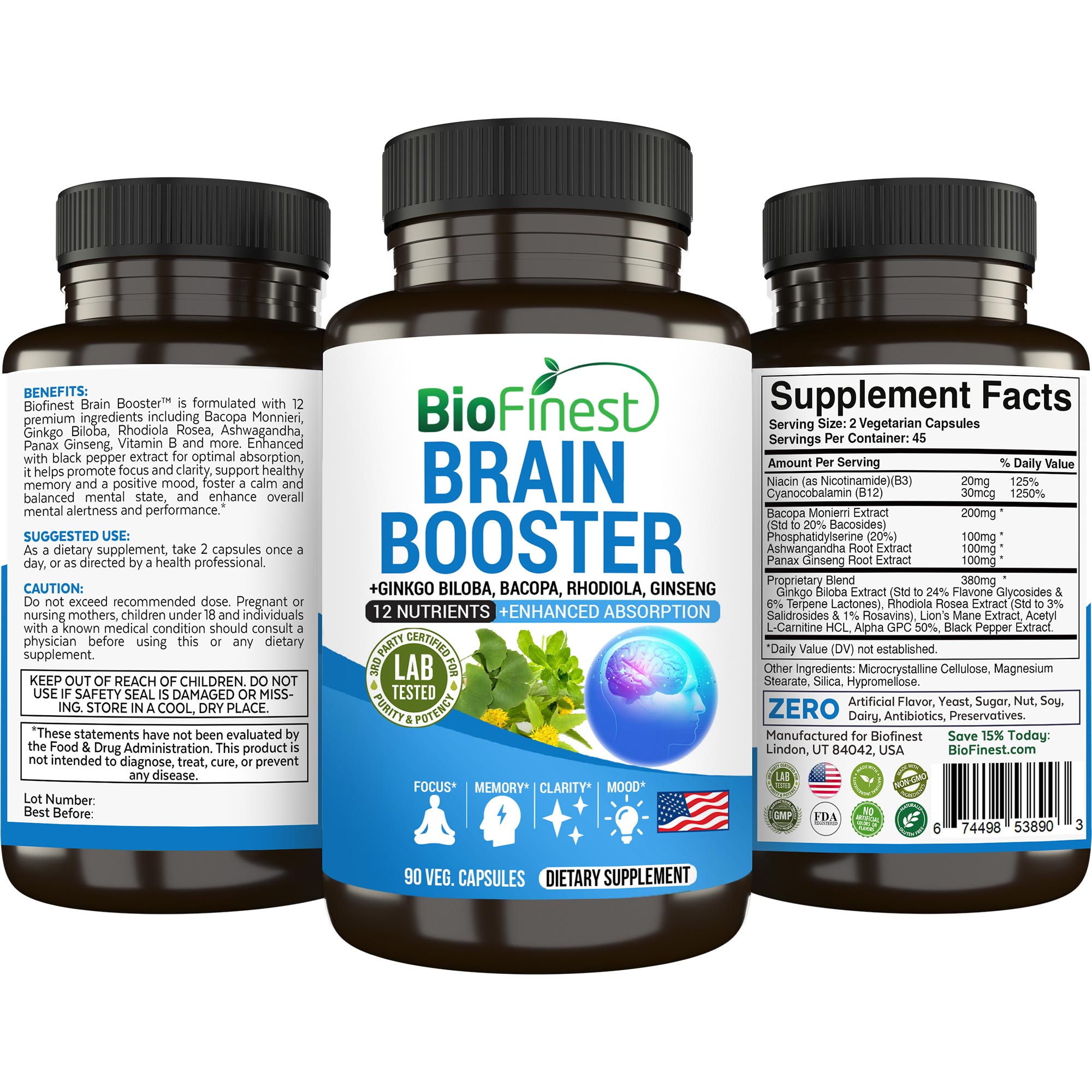 Biofinest Brain Booster Supplement - Vitamin B Ginkgo Biloba Ashwagandha Rhodiola -Focus Memory ...