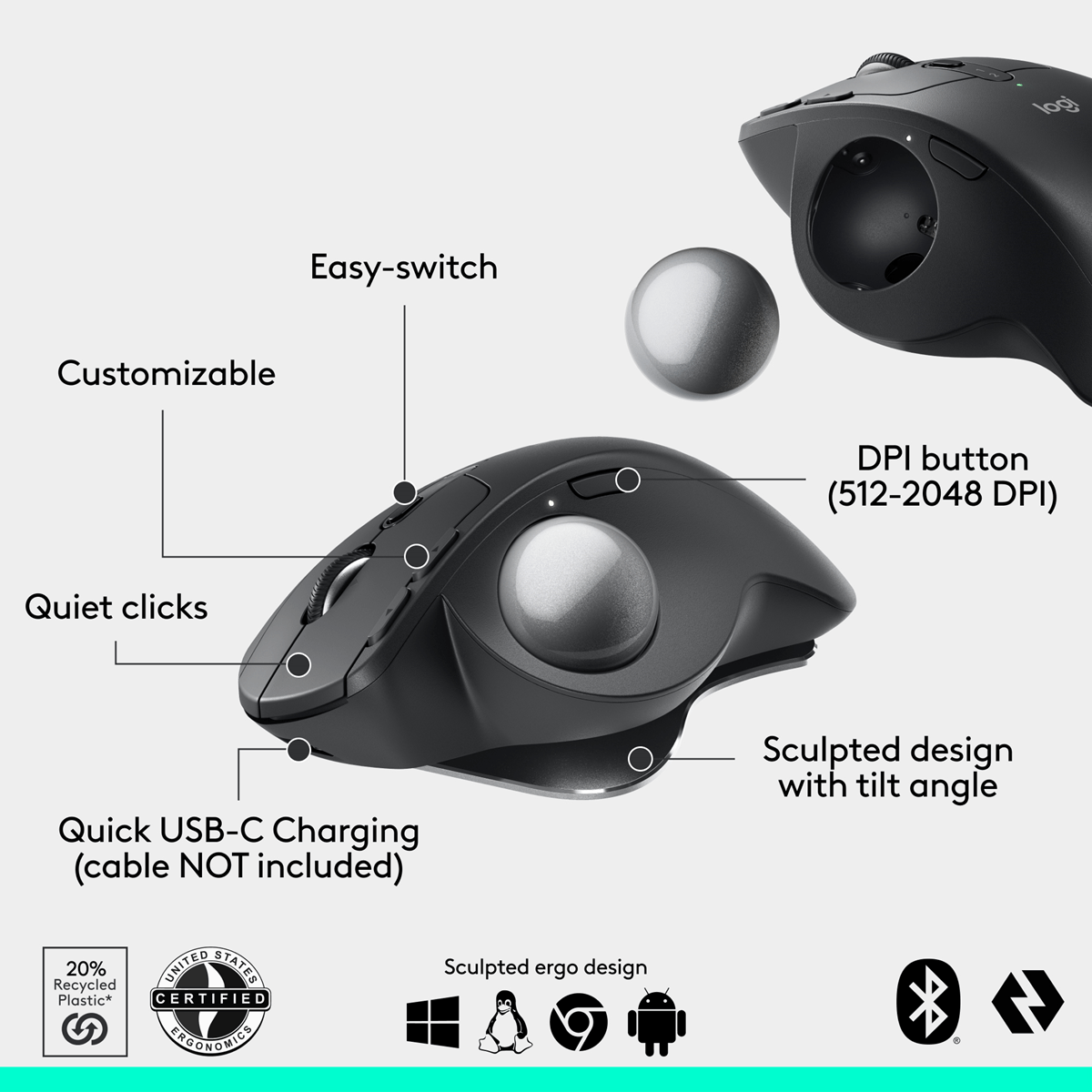 Logitech MX Ergo S Silent Wireless Bluetooth Trackball Mouse, Tilt for ...