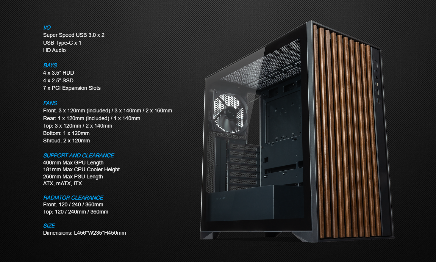 Tecware Timber High Airflow ATX TG Case with 4 Fans Case - Black/White ...