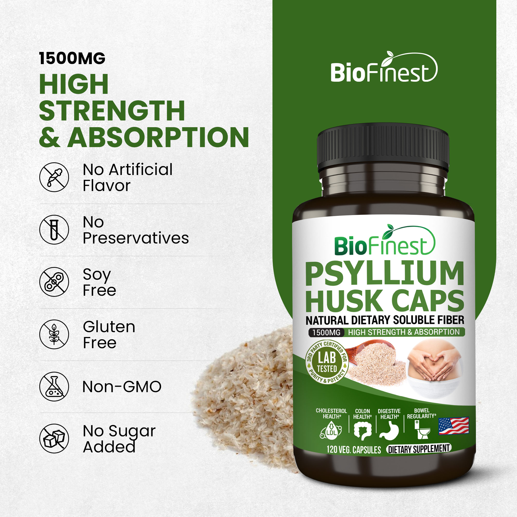 Biofinest Psyllium Husk Capsule Supplement - 1500mg Fiber Digestion Gut ...