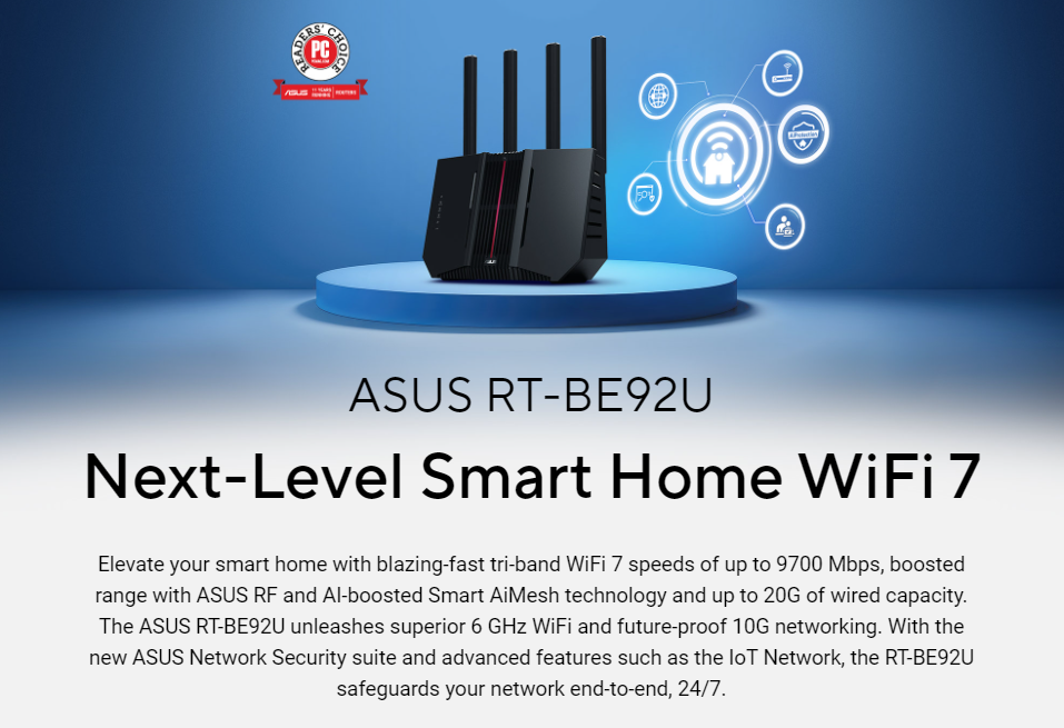 ASUS RT-BE92U BE9700 Tri-Band WiFi 7 AiMesh Router - Coverage up to 2750 sq ft*, 10G Port, Quad ...