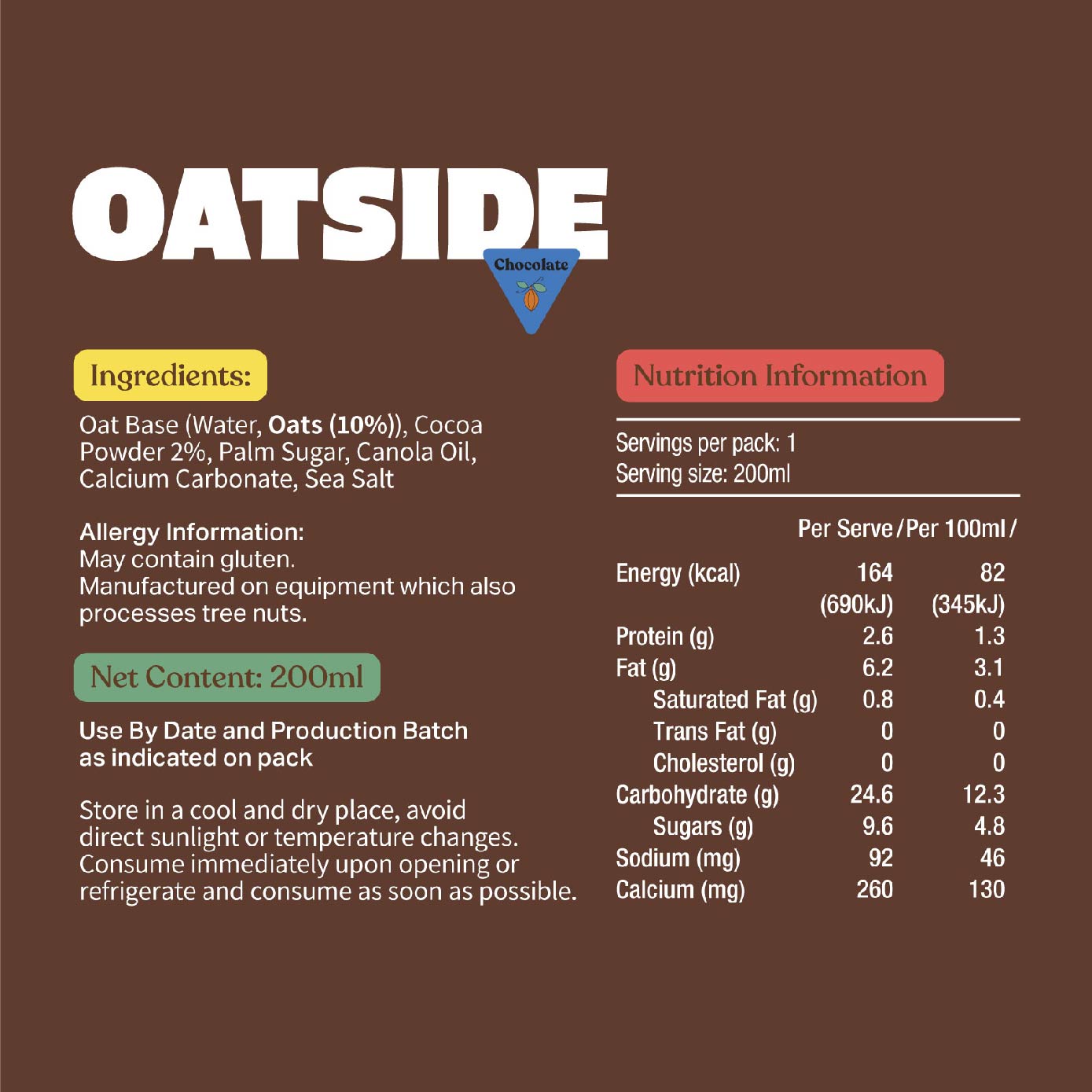 OATSIDE Chocolate Oat Milk (Dairy Free + Made with Real Cacao) 200ml x ...