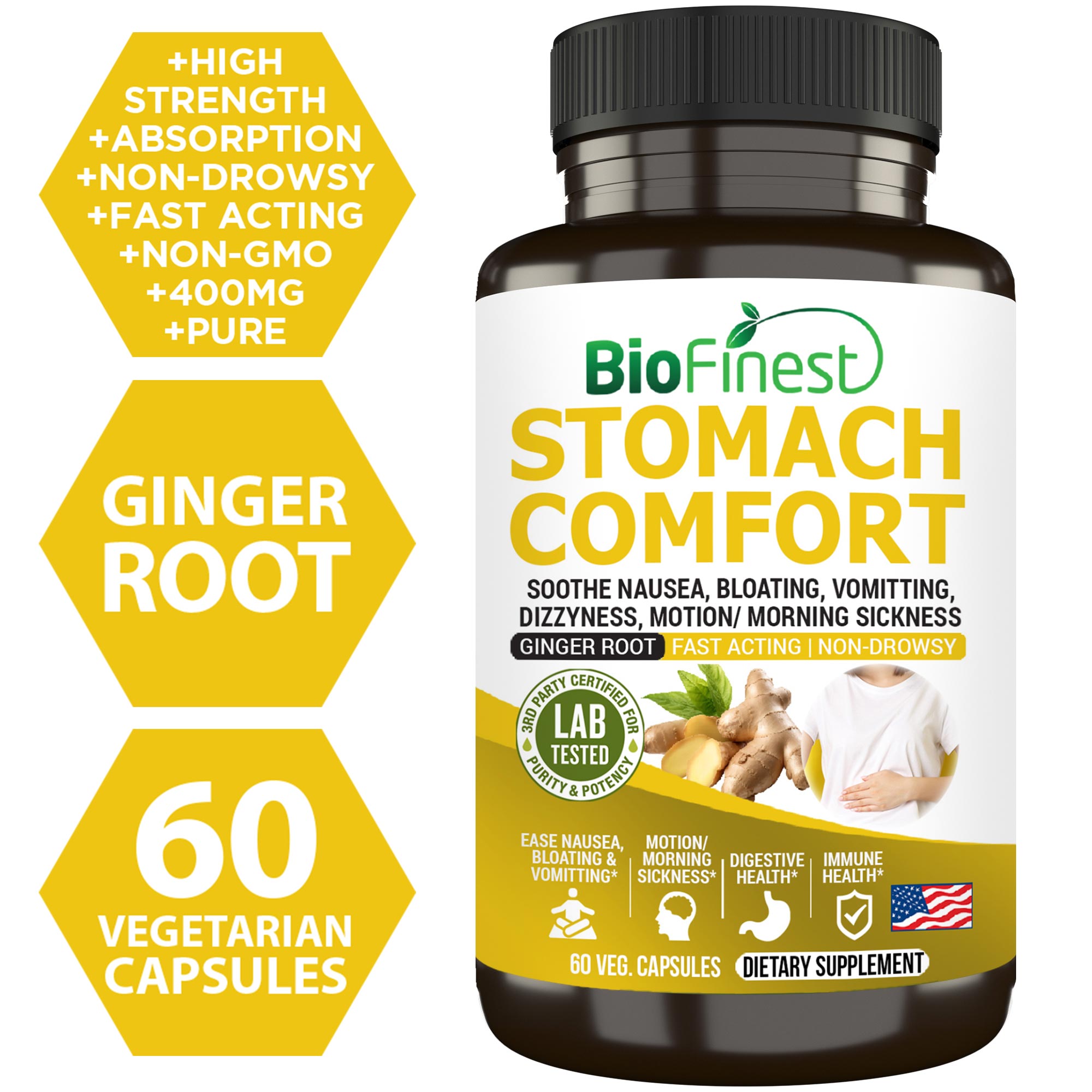 Biofinest Stomach Comfort Ginger Supplement - Ease Nausea Bloating ...