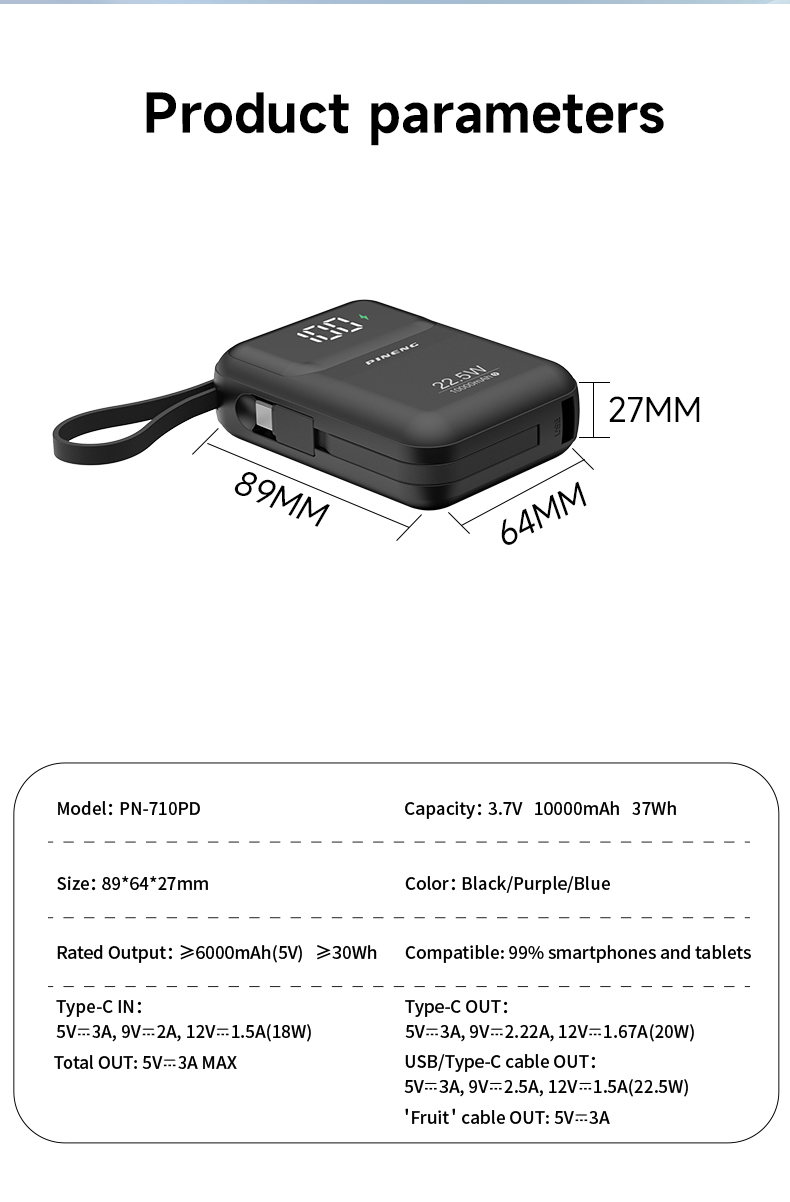 PINENG Powerbank Fast Charging/ 22.5W With Built-in Cable(Fruit/Type C ...