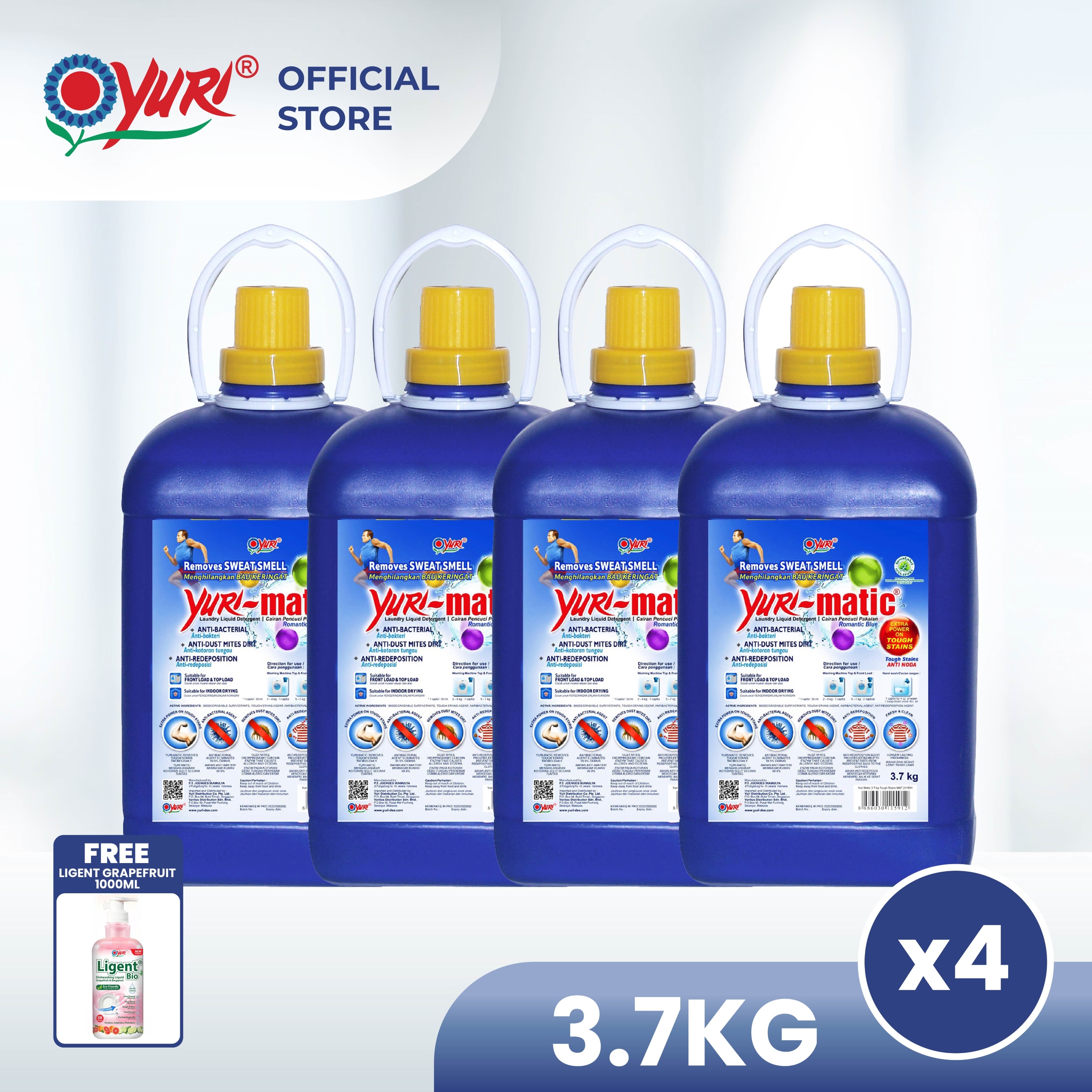 [Carton Deal] Yuri-matic Laundry Liquid Detergent 3.7Kg x4 (FOC Ligent ...