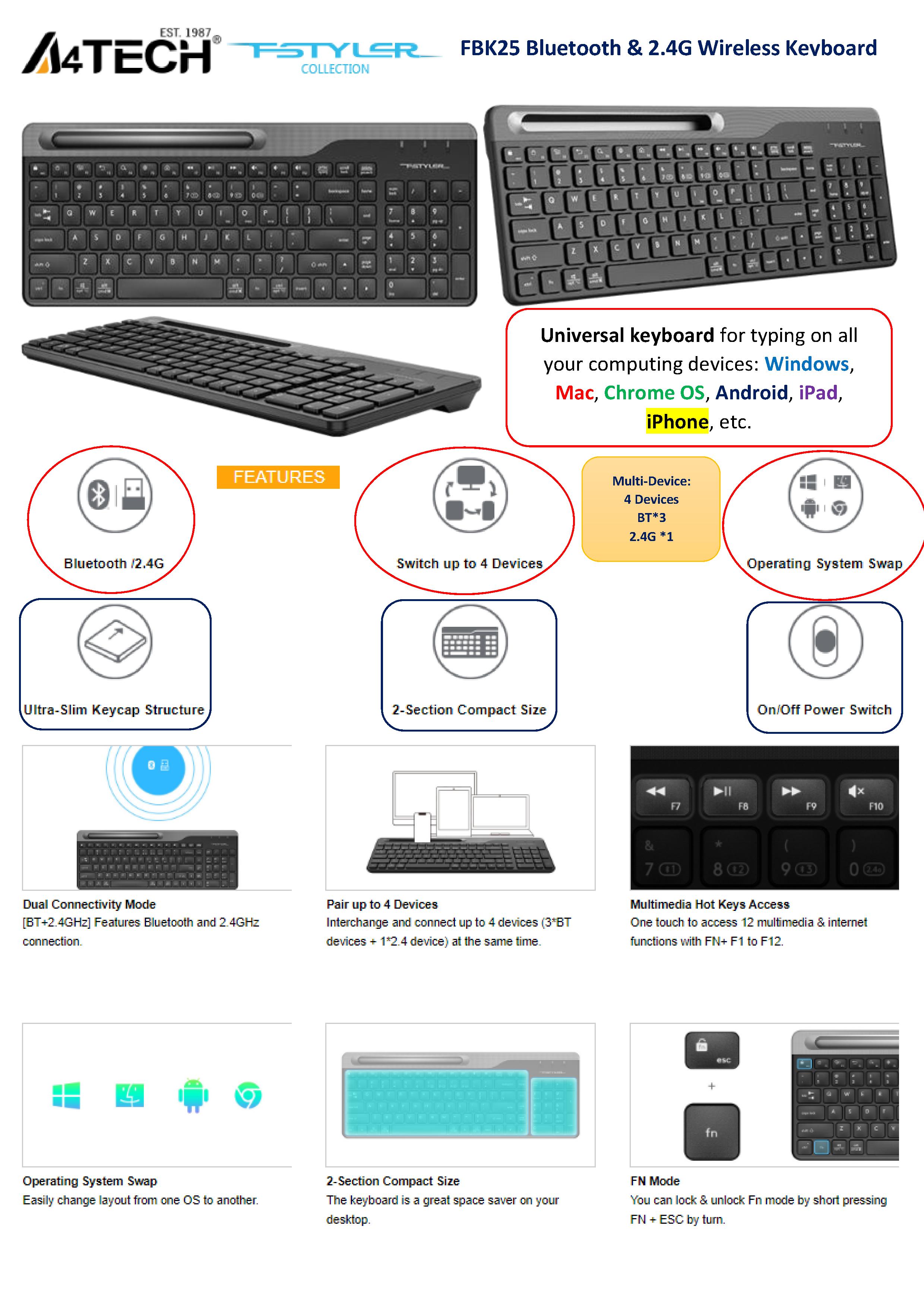 A4TECH FBK25 Bluetooth & 2.4G Wireless Keyboard | Shopee Singapore