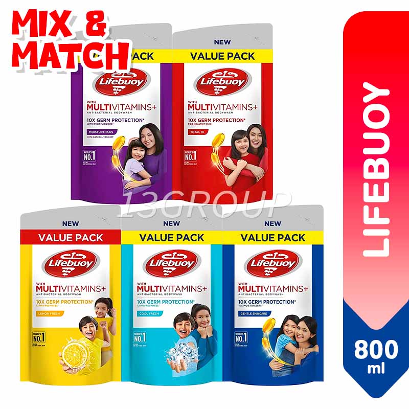 Lifebuoy Anti-Bacterial Body Wash Multi Vitamins+ Refill Pack / 10X Germ Protection, 800ml ...