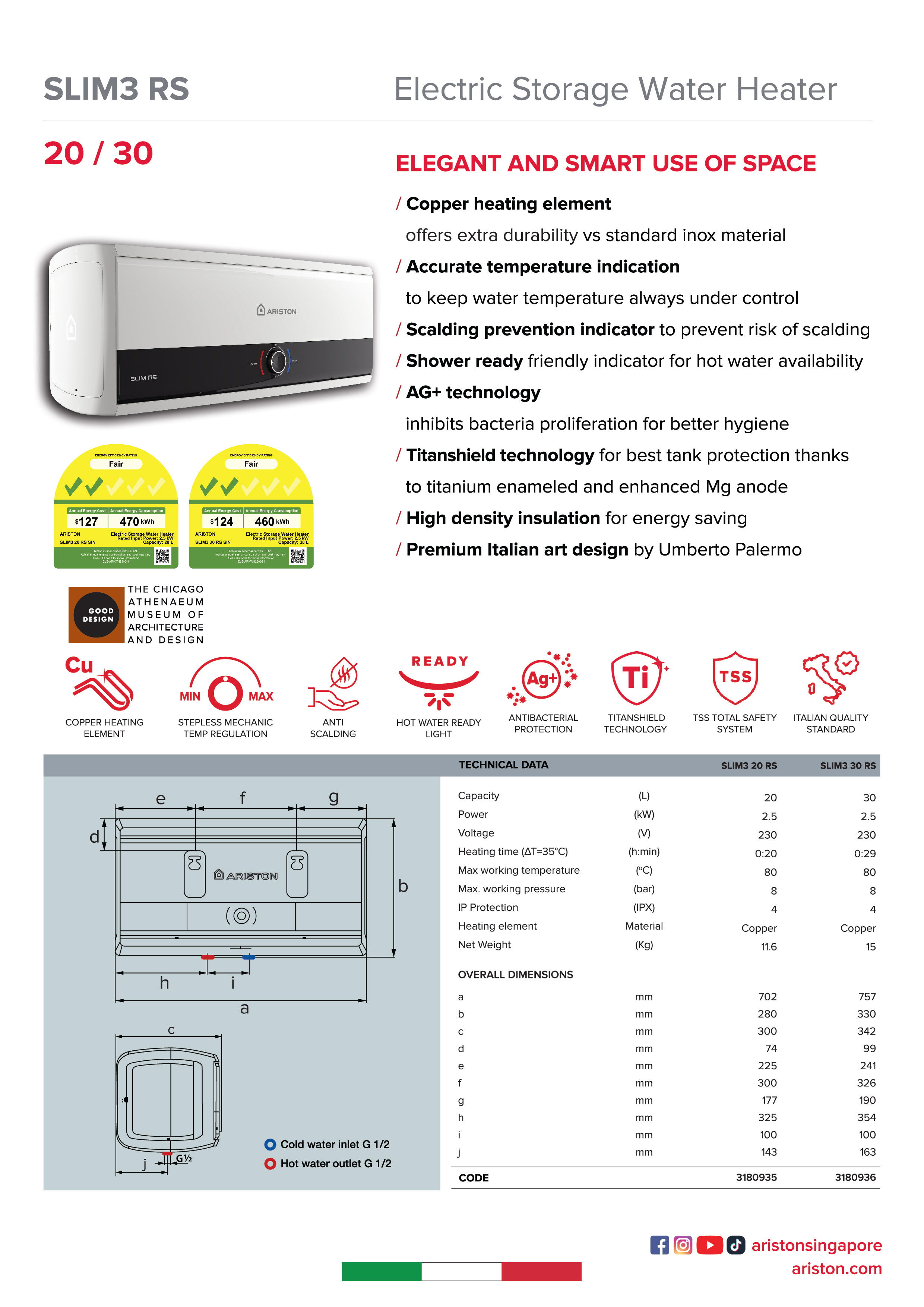 Ariston x sgPlumbMart Slim 3 RS Storage Water Heater SL20 SL30 20 & 30 ...