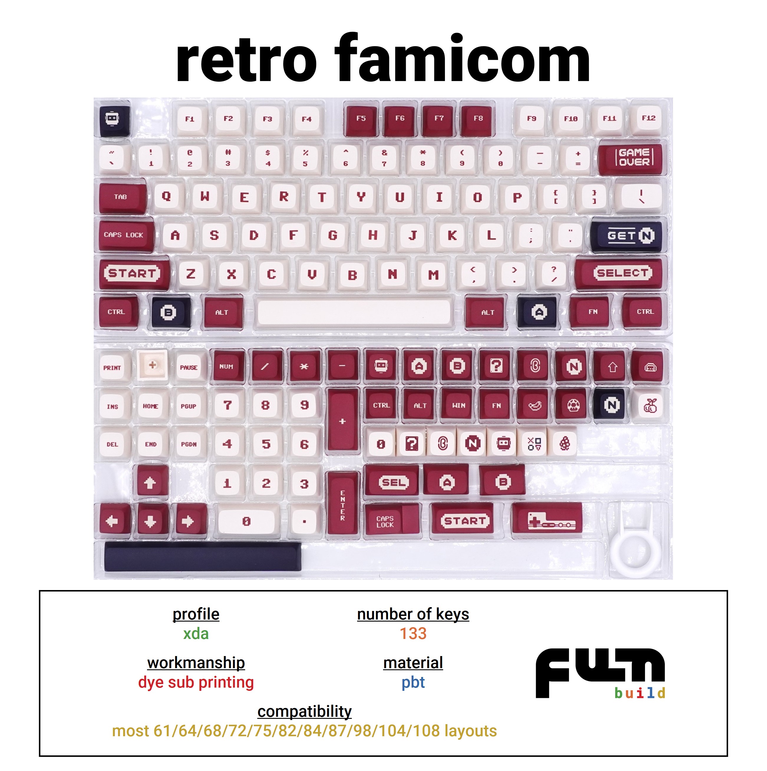 [RETRO FAMICOM Keycaps][XDA Profile] Dye Sublimation Printed 133 Keys ...