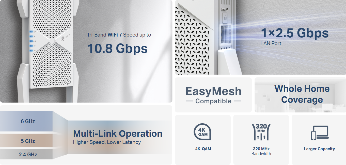 TP-LINK RE655BE BE11000 Tri-Band Wi-Fi 7 Range Extender Whole Home Mesh ...
