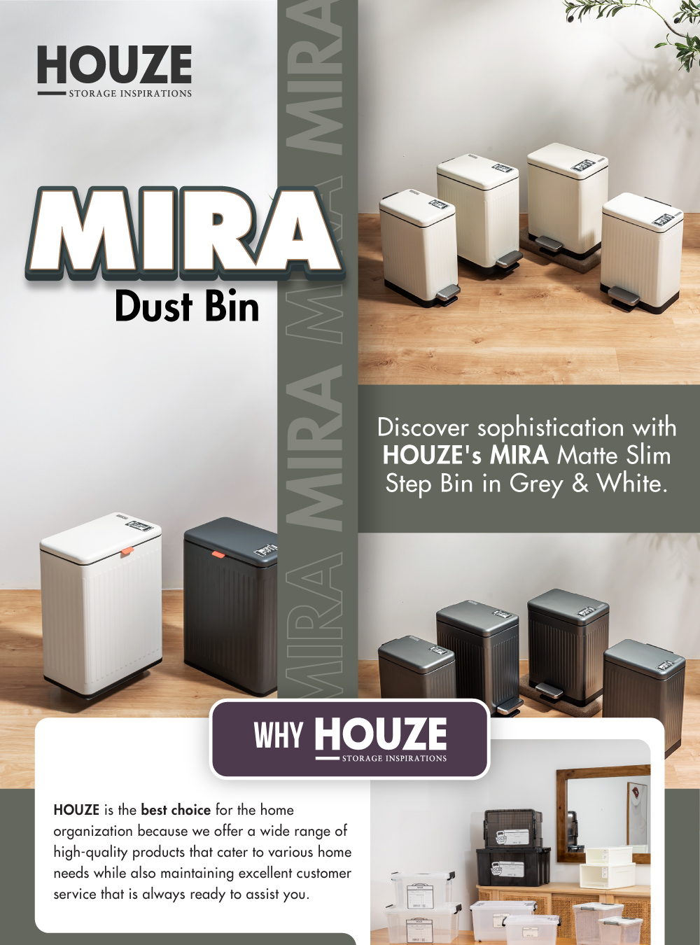 [HOUZE] 8L | 10L | 15L MIRA Matte Slim Step Bin 2 Color [White | Grey ...
