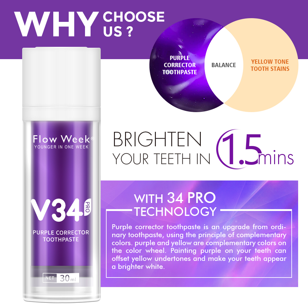 Flowweek V34 Pro Teeth Whitening Toothpaste Purple Toothpaste Smoker Stain Tartar Removal ...