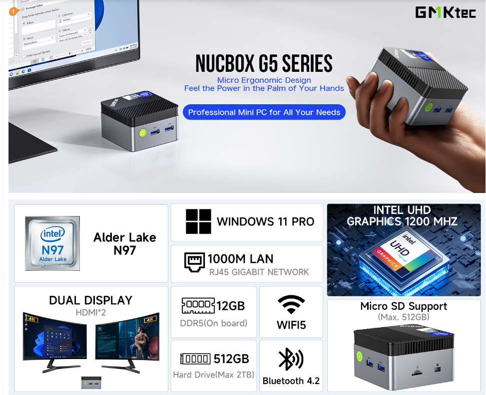 GMKtec NUCBOX G5 - INTEL N97 PROCESSOR (12GB DDR5 RAM - 512GB M.2 ...
