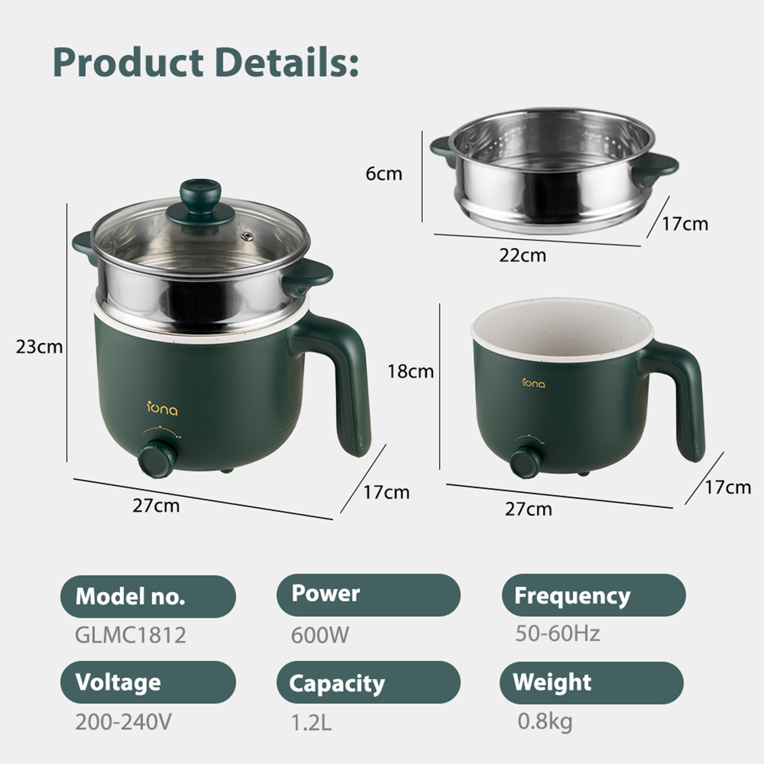 IONA 1.2L Ceramic Mini Non Stick Multi Cooker With Steamer | Multi ...