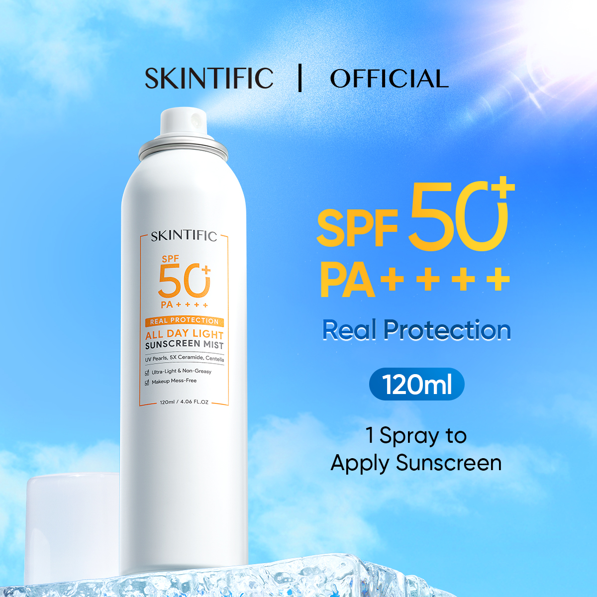 [120ml] SKINTIFIC All Day Light Sunscreen Mist SPF50 PA++++ - Sunblock Spray Anti UV Face Body ...