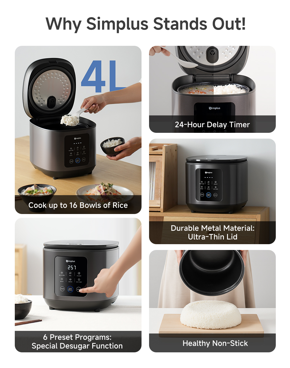 Simplus 4L Rice Cooker | Low Sugar Low Carbon | 6 Preset Programs | 24H ...