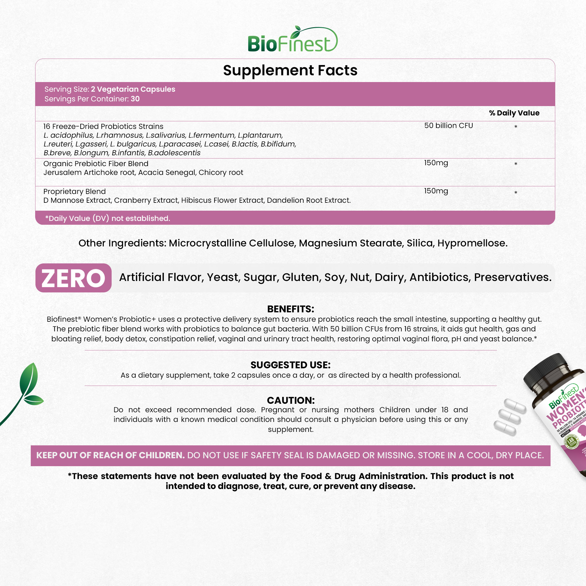 Biofinest Women Probiotic 50 Billion CFU - Healthy Vagina Flora pH Odor ...