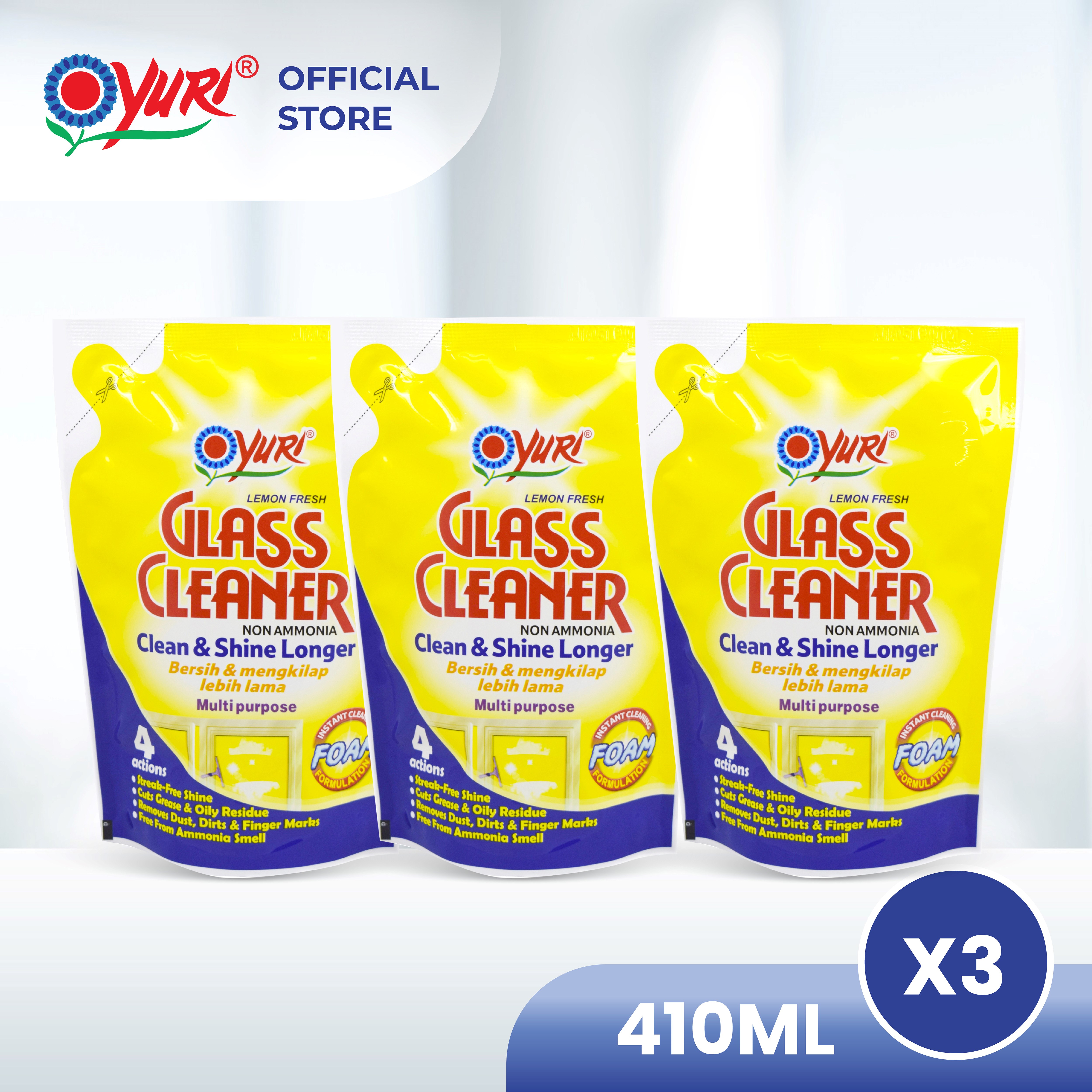 [Bundle of 3] Yuri Glass Cleaner 410ml x3 - Suitable for Auto Glass ...