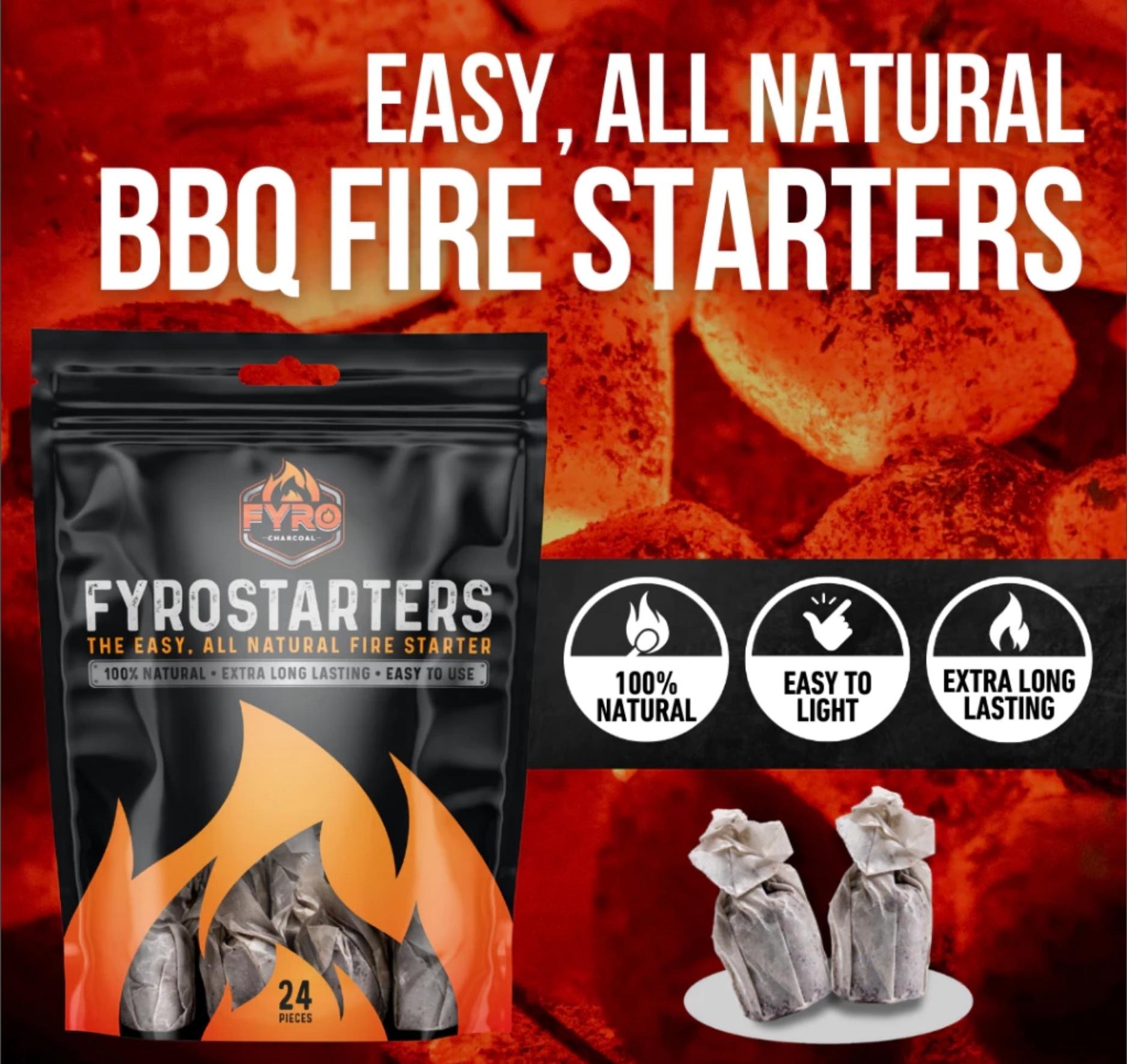 FYROstarters Natural Fire Starters for BBQ (24pcs) – Long Burn, Easy ...