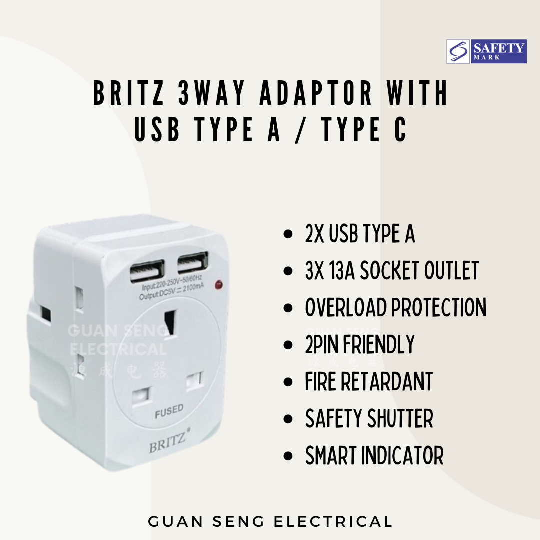 Britz 13A 3 Way Adaptor Power Socket with USB Port Type A / Type C ...